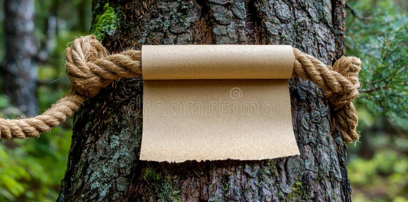 In the Forest, a Rustic Gift Box is Tied with Rope To a Tree Trunk ...