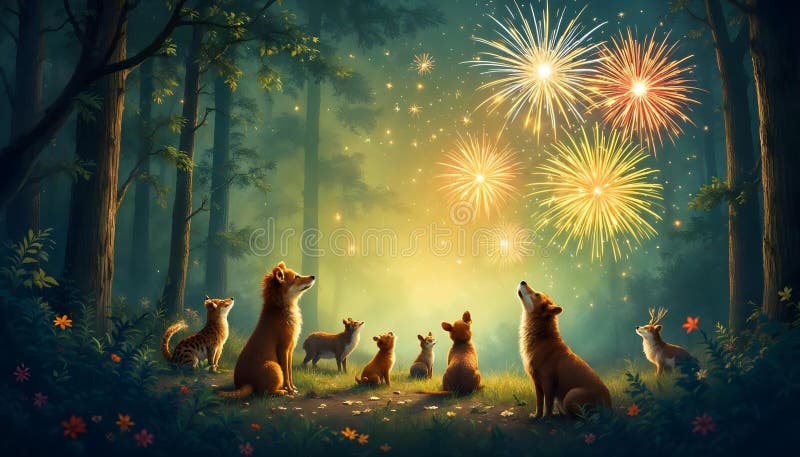 A Forest Scene with Animals Gazing Up at Fireworks Stock Illustration ...