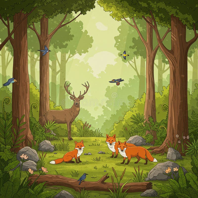 Forest Scene Featuring a Group of Three Red Foxes and a Deer Amidst a ...