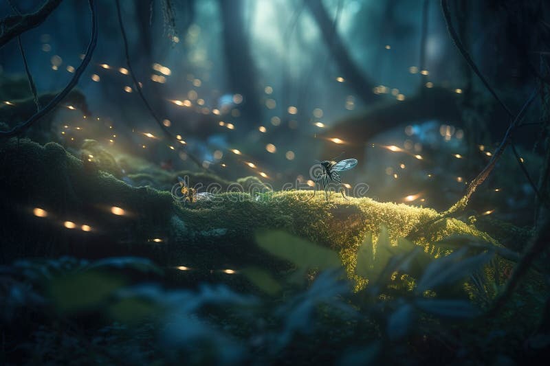 A Forest Scene with Fireflies Flying through the Air and Glowing Lights ...