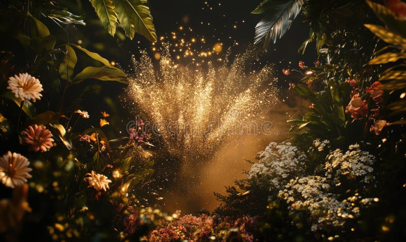 A Forest Scene with a Firework Explosion in the Middle Stock Photo ...