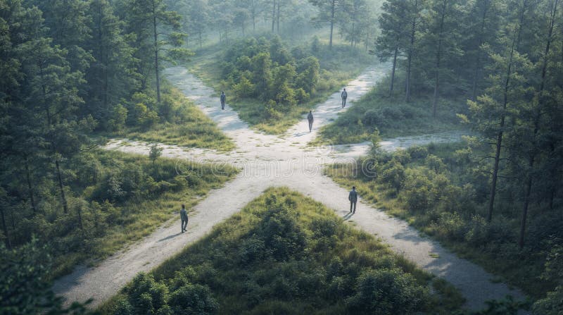 Forest Scene with Five Figures Walking Along a Path Stock Illustration ...