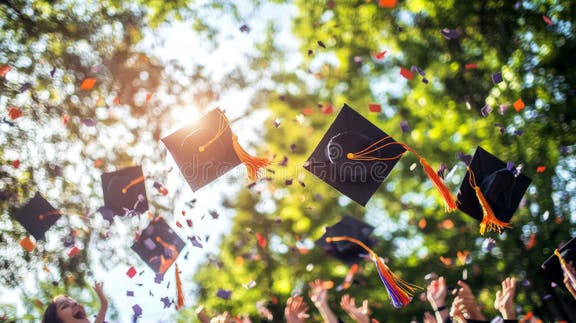A Forest Scene with Graduation Caps and Confetti in Celebration. Stock ...