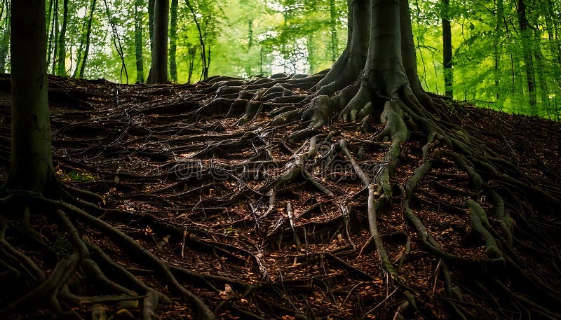 Forest Scene with Large Tree and Sprawling Exposed Roots Surrounded by ...