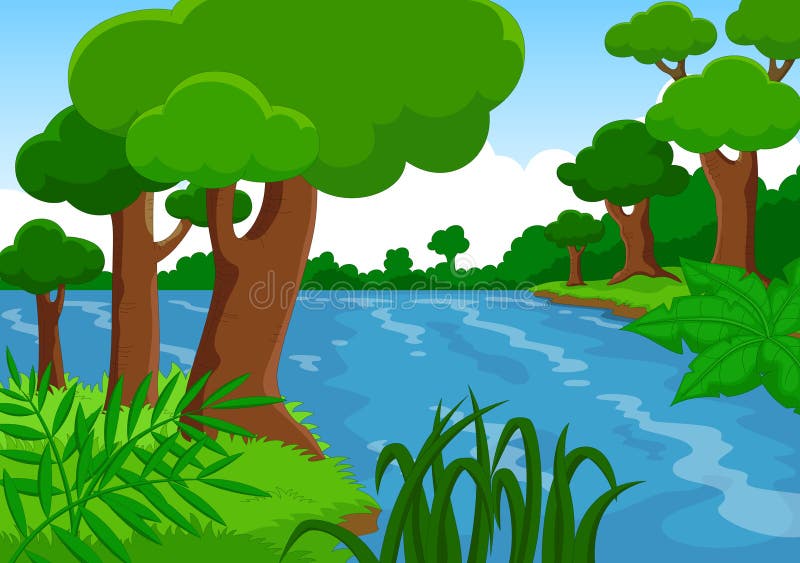 Forest Scene with Many Trees and River Illustration Stock Illustration ...