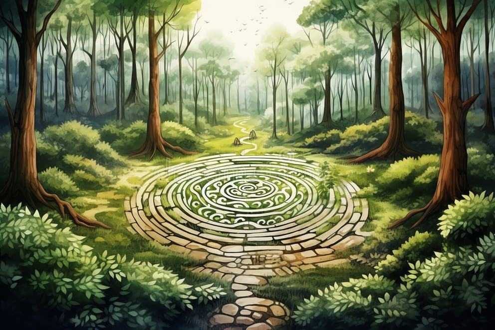 Forest Scene with a Meditation Labyrinth Self Care Background Stock Illustration - Illustration ...