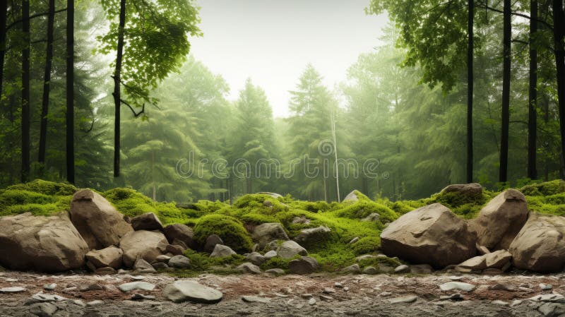 Forest Scene with Mist, Large Rocks, and Lush Greenery Creating a ...