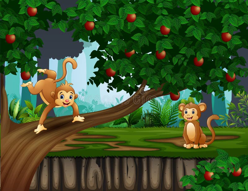 Forest Scene with Monkeys on Apple Tree Stock Vector - Illustration of ...