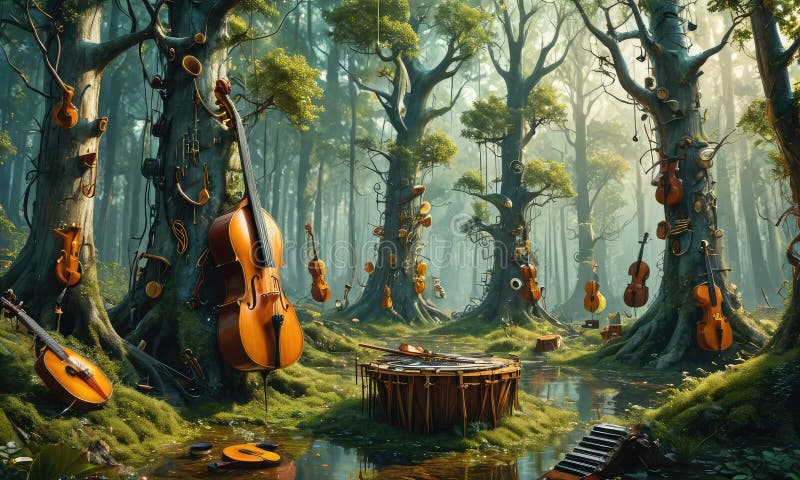 A Forest Scene with Musical Instruments Hanging from Trees. Stock ...