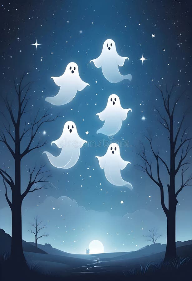 A Forest Scene with Playful Expressions Ghosts on the Sky with Stars Stock Vector - Illustration ...