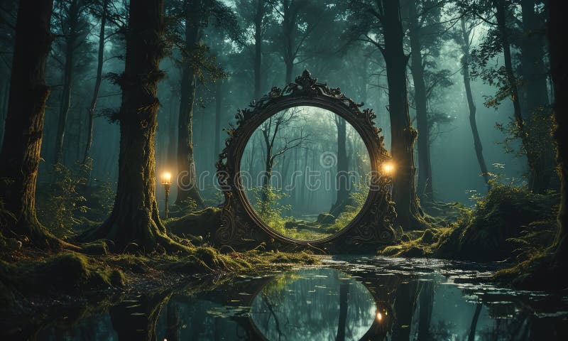 A Forest Scene with a Round Mirror and a Light in the Middle of the ...