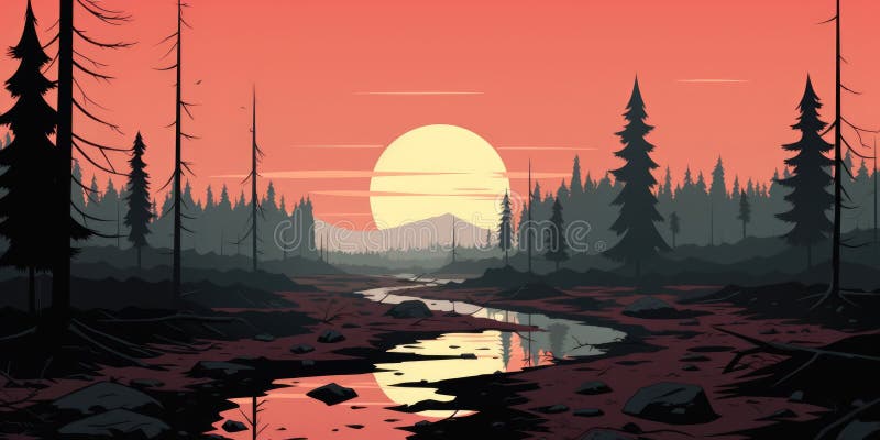 A Forest Scene with a Stream and Trees, AI Stock Illustration ...