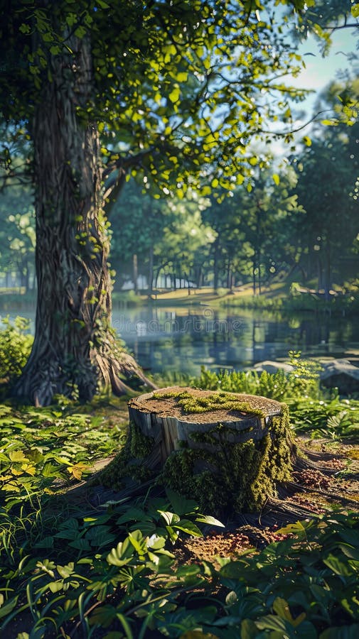 Forest Scene with Tree Stump, Sunlight, and River. Nature and Serenity ...