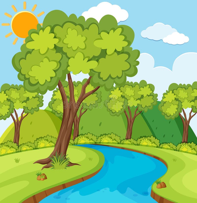 Forest Scene with Trees and River Stock Vector - Illustration of ...