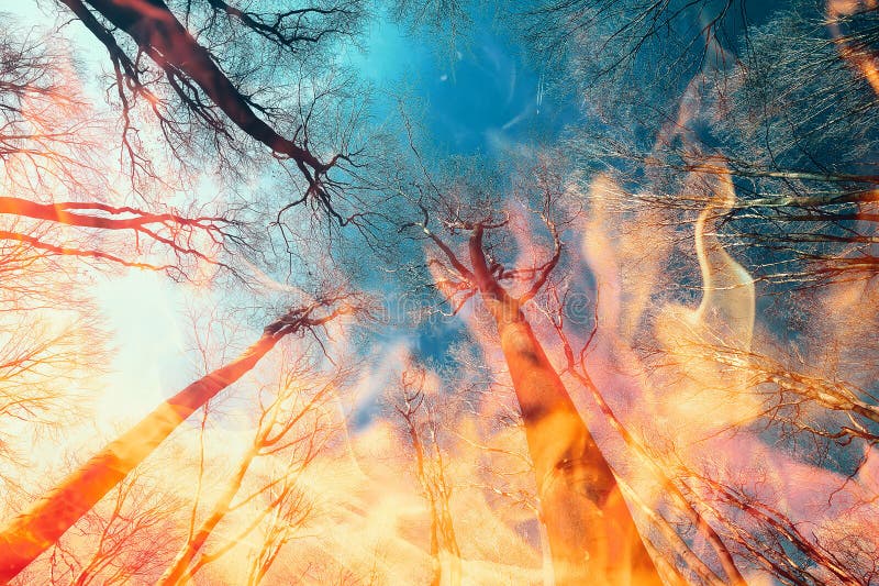 Forest Scenery of Late Autumn Beech Trees after a Frost, Bottom View ...