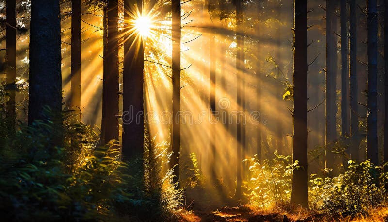Forest Scenery with Rays of Warm Light Stock Illustration ...
