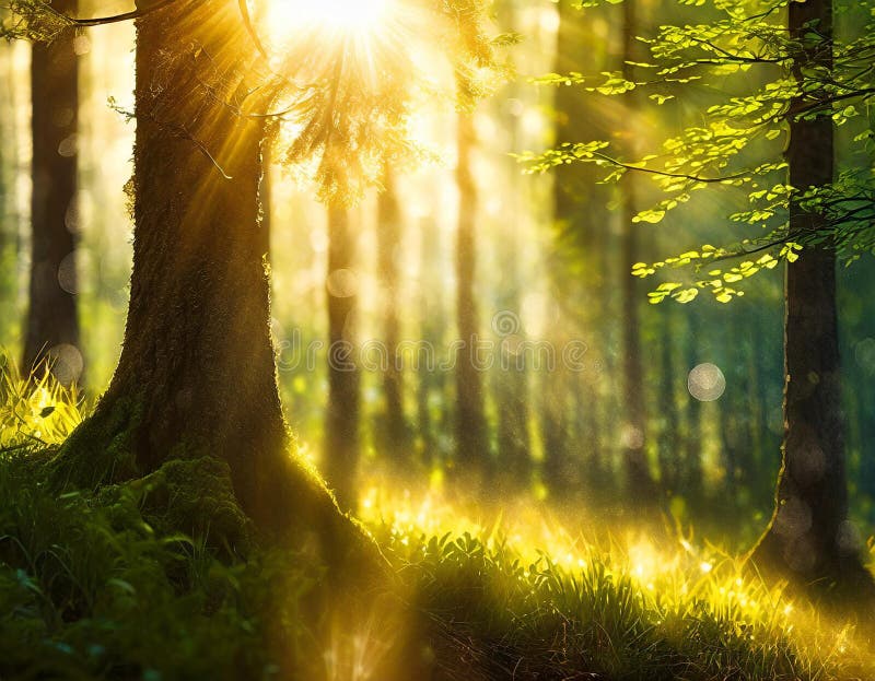 Forest Scenery with Rays of Warm Light Stock Illustration ...