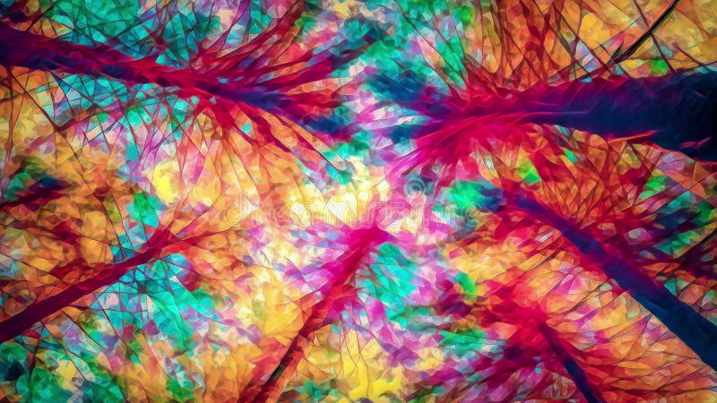 Forest Scenery of Spruce Trees, View from Below. Painting Effect. Loop ...