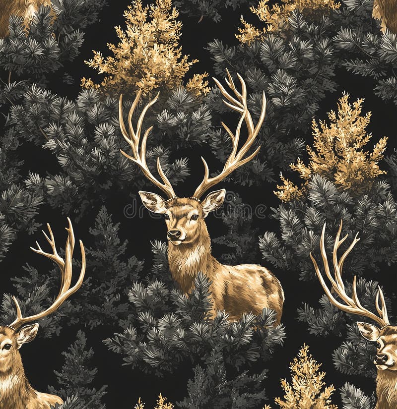 Forest Seamless Pattern with Deer and Landscape. Wildlife Nature Elements, Animals, Trees for ...