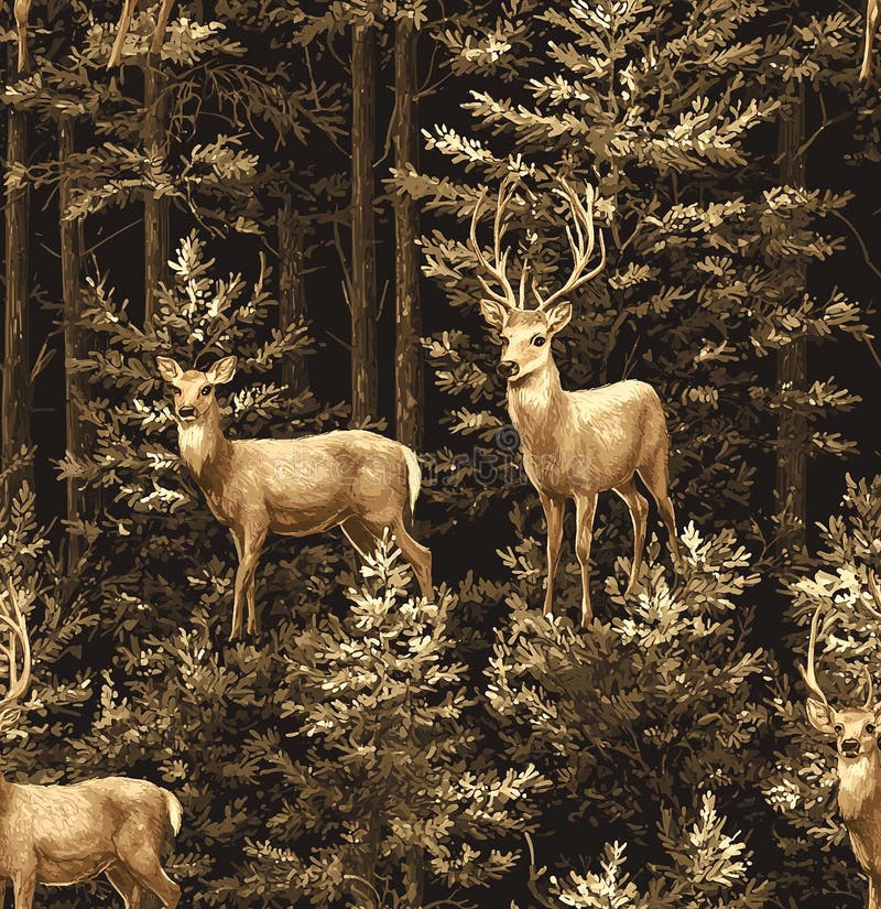Forest Seamless Pattern with Deer and Landscape. Wildlife Nature Elements, Animals, Trees for ...