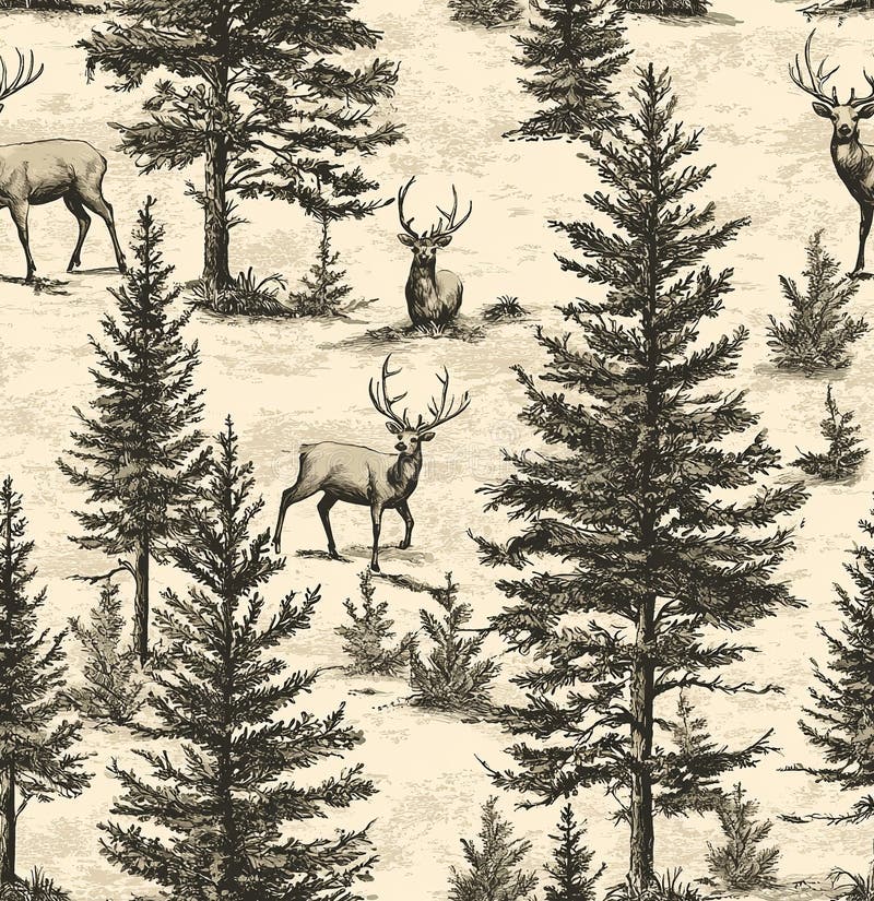 Forest Seamless Pattern with Deer and Landscape. Wildlife Nature Elements, Animals, Trees for ...