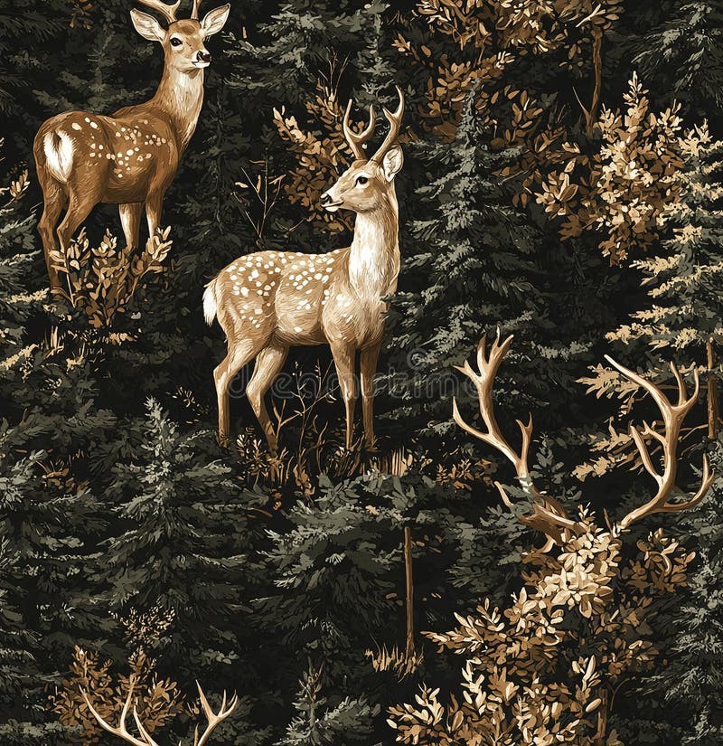 Forest Seamless Pattern with Deer and Landscape. Wildlife Nature ...