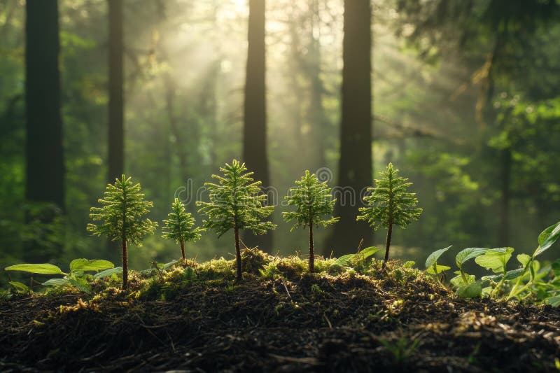 Forest Seedlings, Young Coniferous Seedlings Sheltered by Tall Trees ...