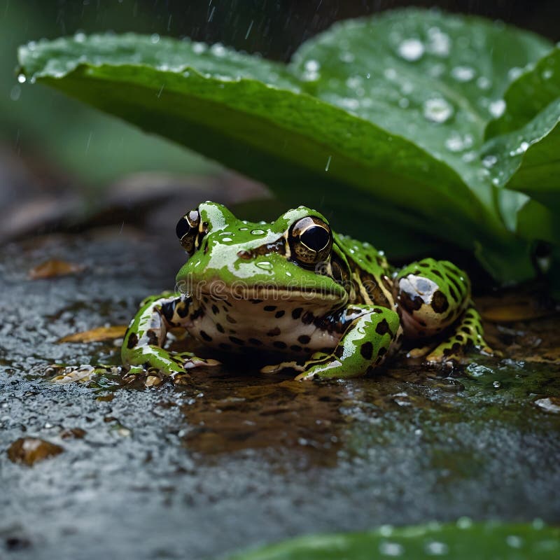 Forest Serenity: Chimerical Leopard Frog on Leaf with Raindrops in a ...