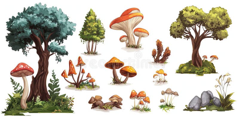 Forest Set, Featuring Twisted Trees, Glowing Mushrooms, and Deep Foliage Stock Image - Image of ...