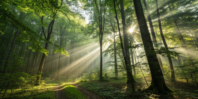 Forest Shafts of Sunlight. Zoom Blur As Shafts of Light Break through ...