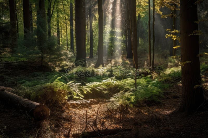 Forest, with Shimmering Sunlight Filtering through the Trees and Onto ...