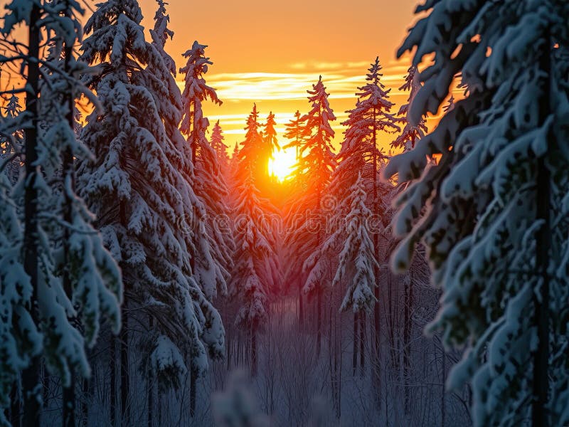 A Forest with Snow on the Trees and a Sun Shining through the Trees ...
