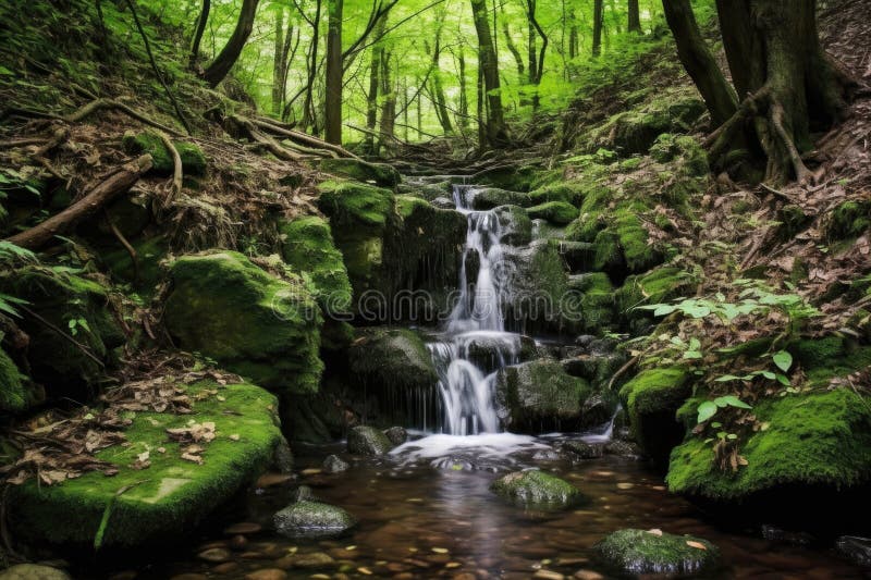 Forest Spring Water Cascading Down a Small Waterfall Stock Image ...