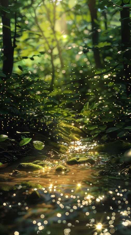 Forest Stream with Fireflies and Sunlight, Natural Tranquility Concept ...