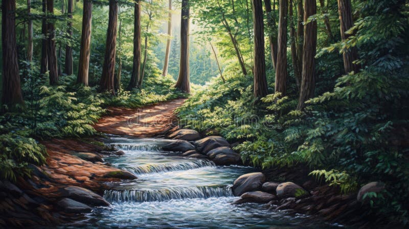 Forest Stream Path Sunlight through Trees Stock Illustration ...