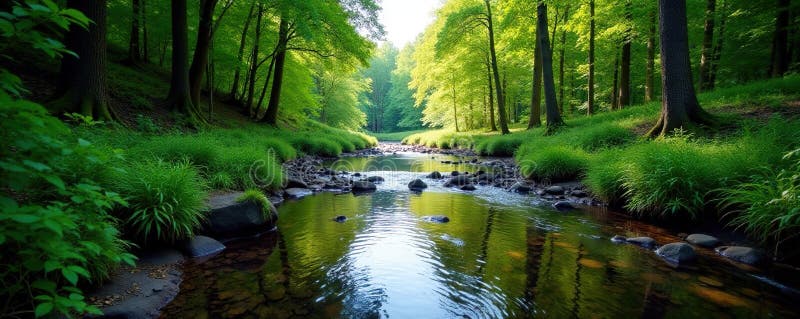 Forest Stream with Rippling Water and Reflection, Calm, Clear Sky Stock ...