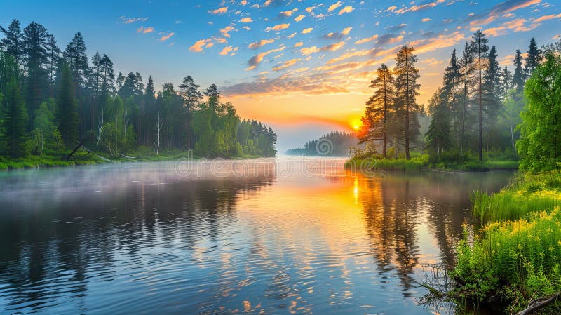 A Forest with a Stream or River Running through it. Sunset and the Sun ...