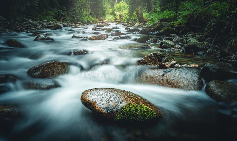 Forest Stream Running Over Mossy Rocks. Long Exposure. Stock Image ...