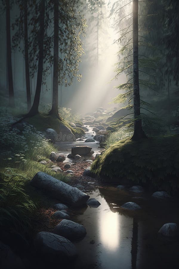 Forest with Stream in Soft Light Stock Illustration - Illustration of ...