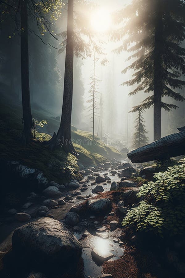 Forest with Stream in Soft Light Stock Illustration - Illustration of ...