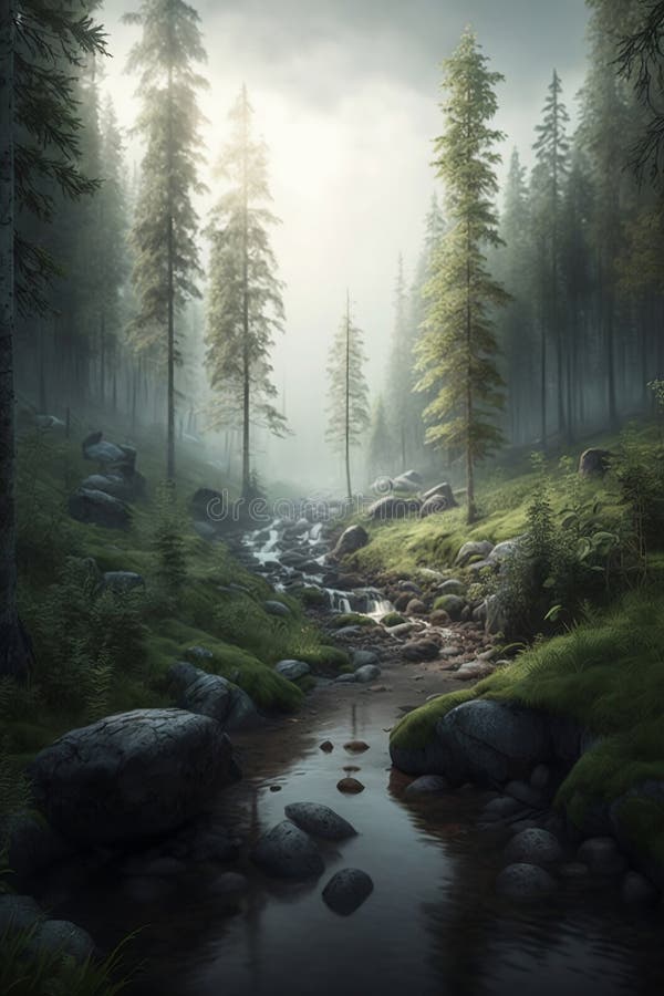 Forest with Stream in Soft Light Stock Illustration - Illustration of ...