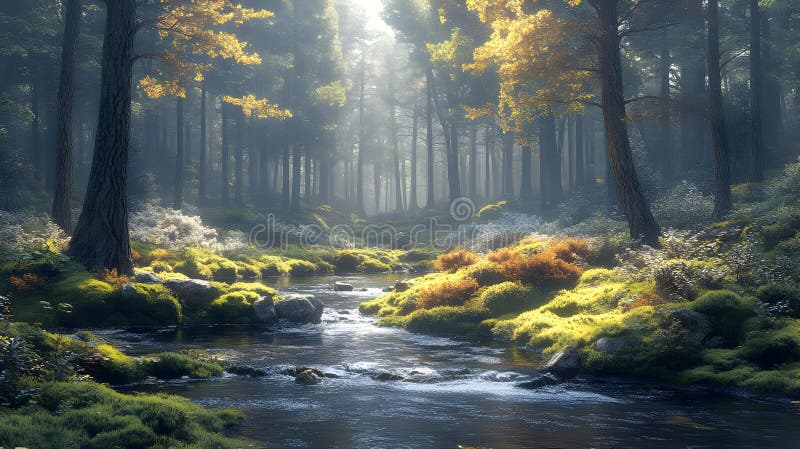 Forest Stream with Sunlight Stock Illustration - Illustration of spring ...