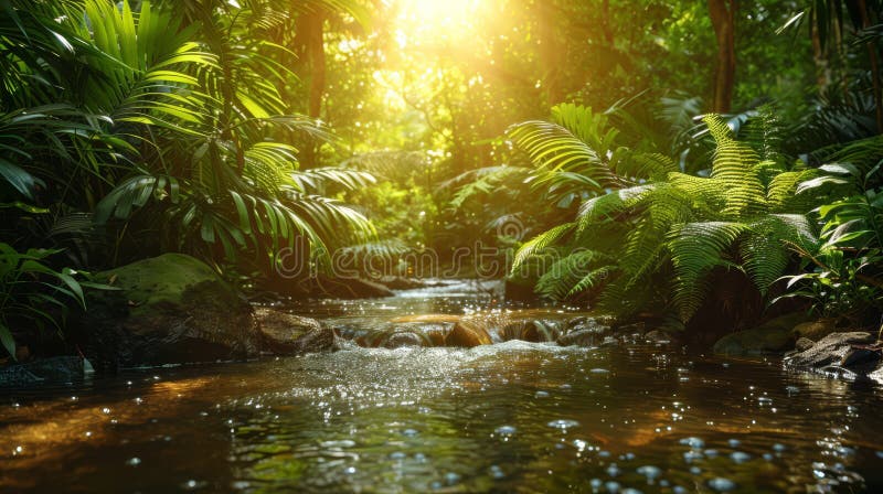 Forest Stream with Sunlight, Peaceful Setting, Lush Greenery, Natural ...