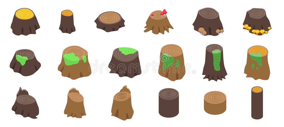 Forest Stump Icons Set Isometric Vector. Tree Cutting Stub Stock Vector ...