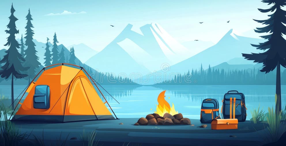 A Forest Summer Camp Complete with a Bonfire, Tent, Backpack, and ...