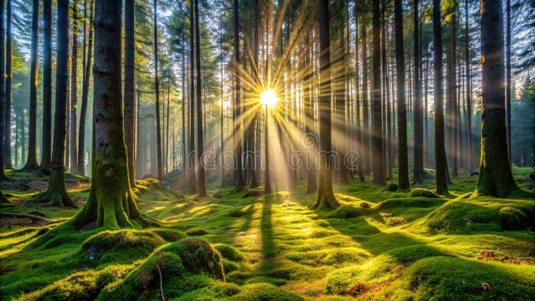 Forest with Sun Rays and Moss on the Ground Generative by AI Stock ...