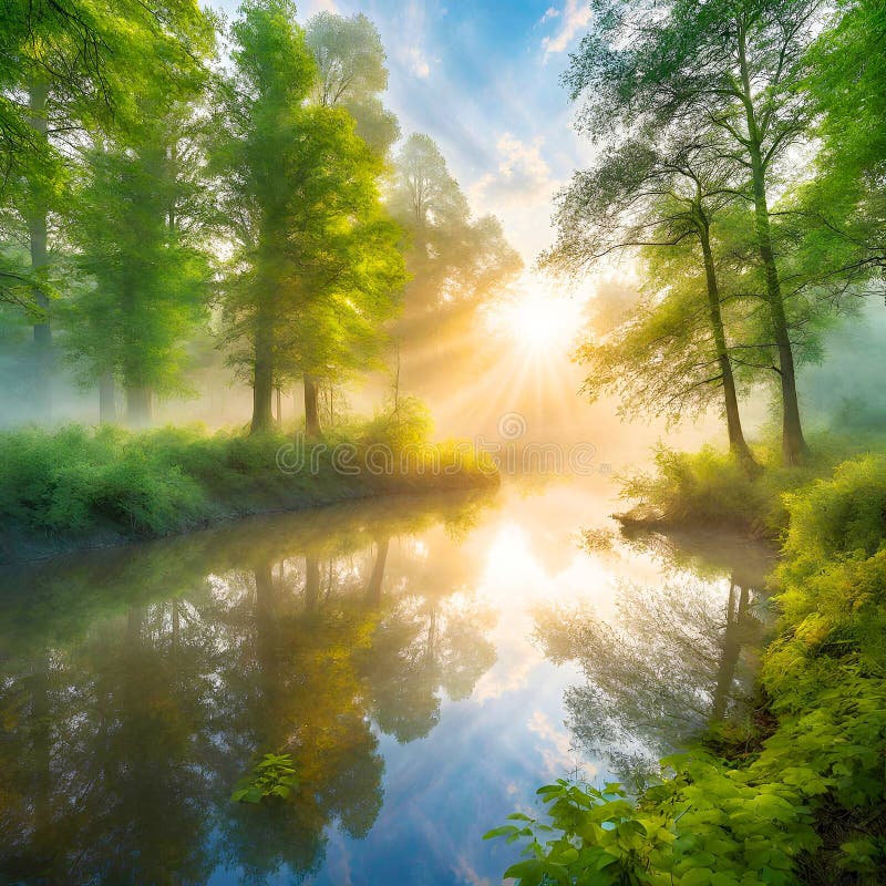 Forest with Sun Rays between the Trees and a River Passing by Stock ...