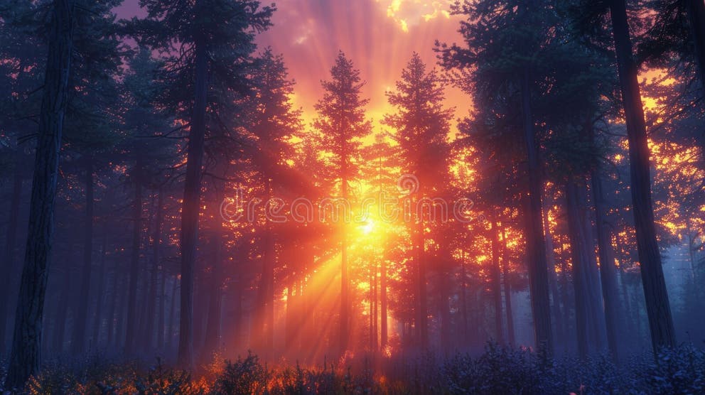 A Forest with a Sun Shining through the Trees, AI Stock Photo - Image ...