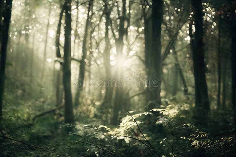 A Forest with Sun Shining through the Trees and Ferns on the Ground ...