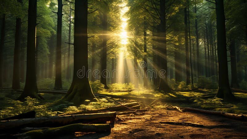Forest with Sunlight Filtering through the Tall Trees Stock ...